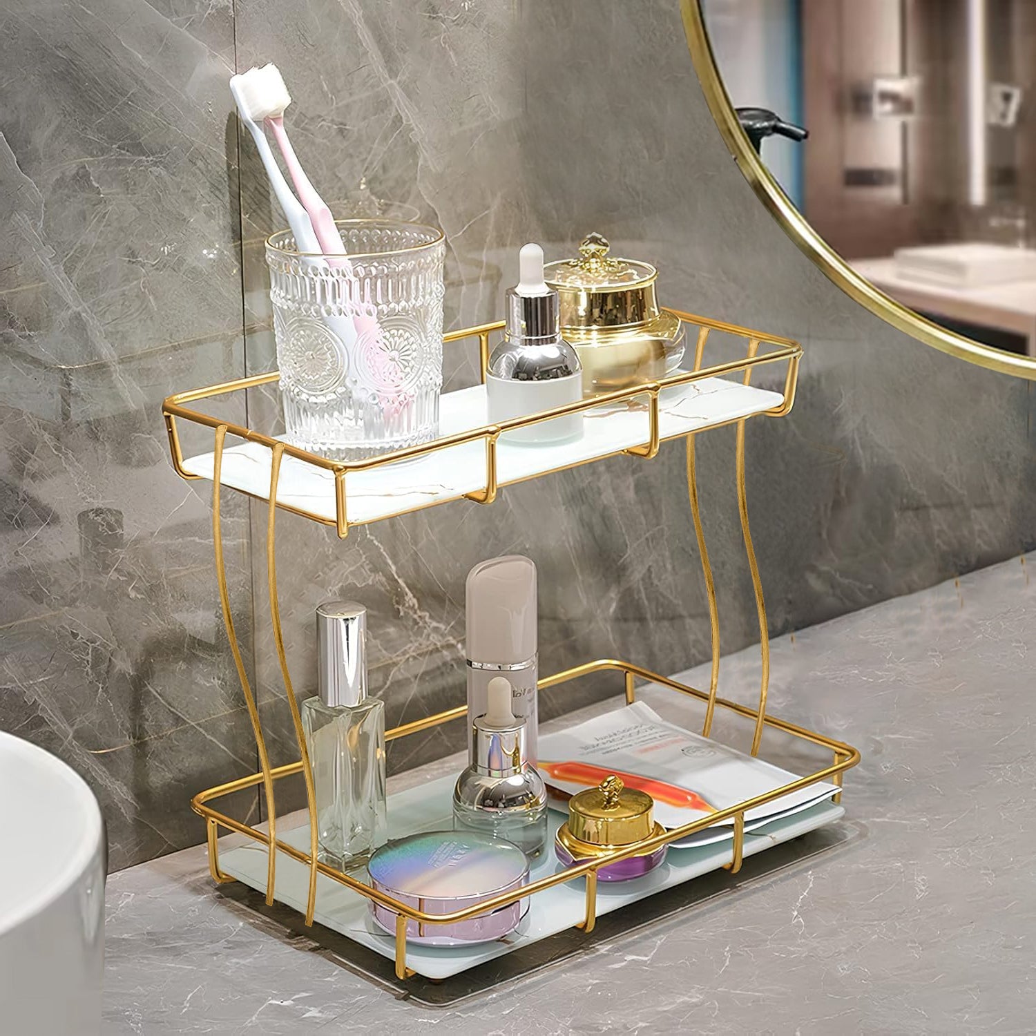 2-Tier Rectangular Golden Vanity Stand by Matrix – All-In-One Store