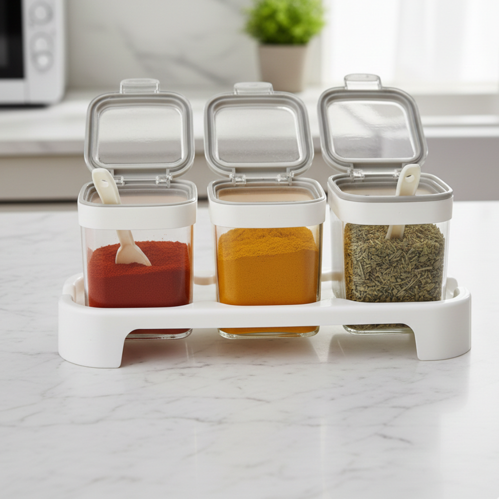 Rectangle 3-Pcs Glass Spice Jars with Plastic Lid & Stand – All-In-One ...