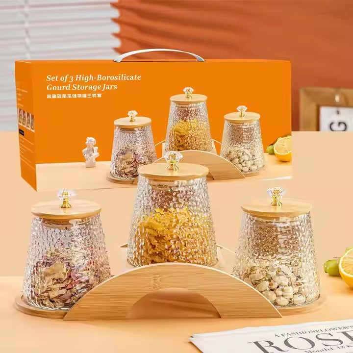 Decorative Bridge-Design Jar Trio with Natural Wooden Stand – All-In ...